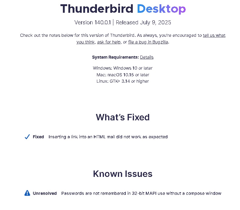 Thunderbird バージョン 140.0.1 がリリースされました。 - 私のPC自作部屋