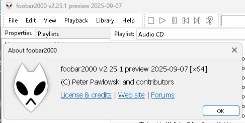 foobar2000 v2.25.1 preview 2025-09-07 がリリースされました。 - 私のPC自作部屋