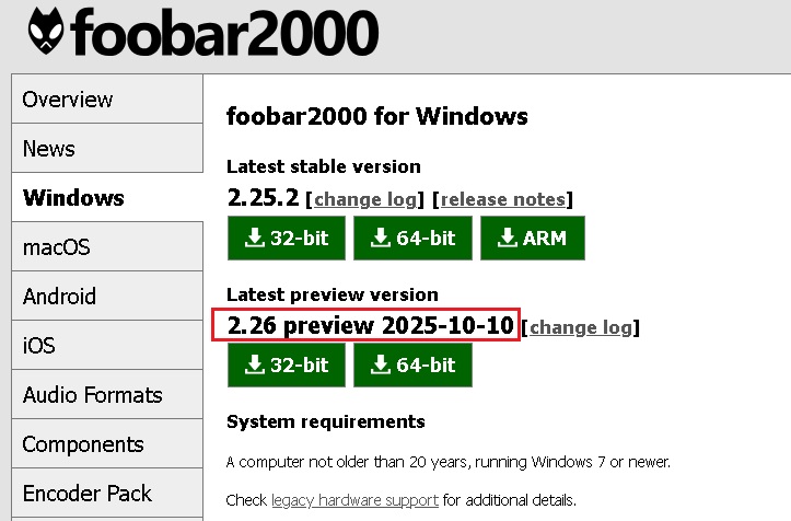 foobar2000 v2.26 preview 2025-10-10 がリリースされました。 - 私のPC自作部屋