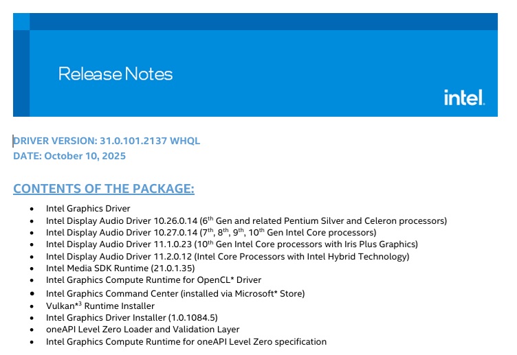 Intel 7th-10th Gen Processor Graphics バージョン 32.0.101.2137 WHQL がリリースされ ...