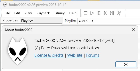foobar2000 v 2.26 preview 2025-10-12 がリリースされました。 - 私のPC自作部屋