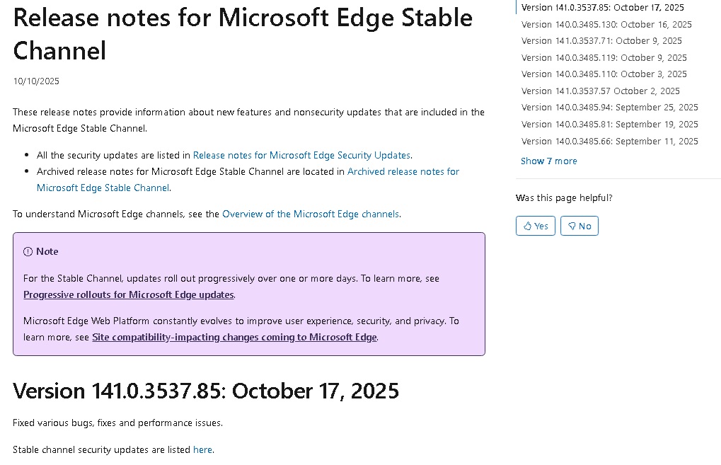 Microsoft Edge Stable 141.0.3537.85 が降りてきました。 - 私のPC自作部屋
