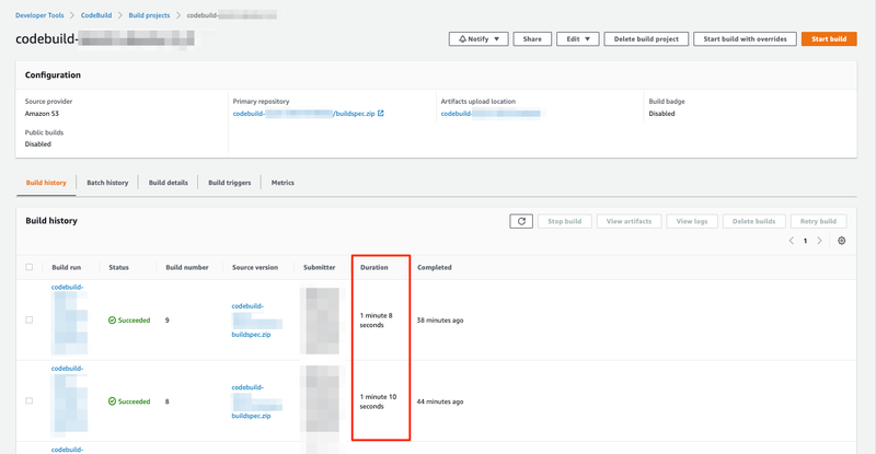 AWS CodeBuild 処理時間の確認方法 - vague memory