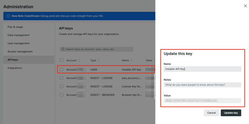 New Relic infrastructure agent の guided install には User key も必要 - vague memory