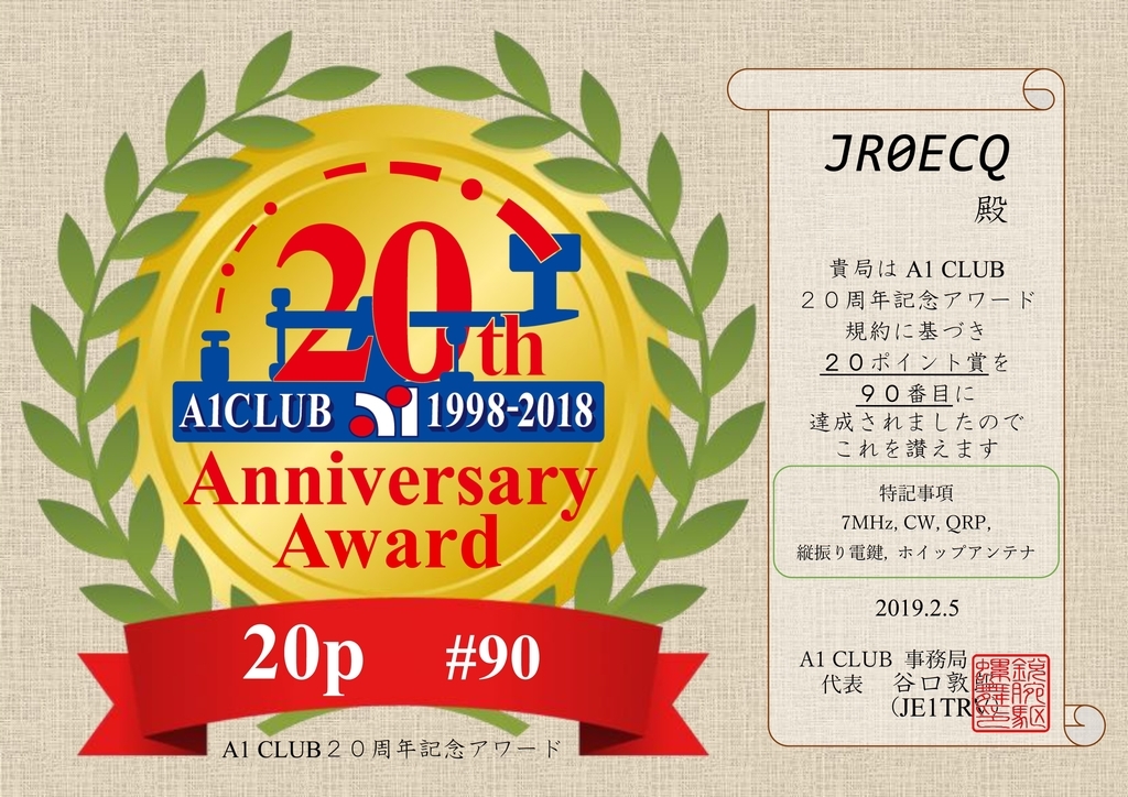A1 CLUB 20周年記念アワードが届く - JR0ECQの徒然日記
