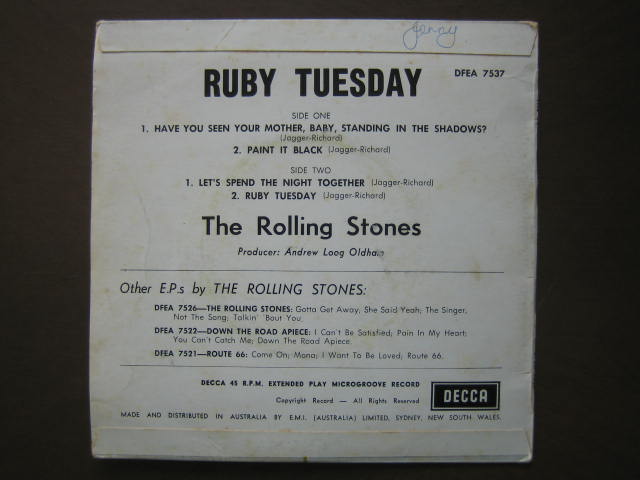 ローリング・ストーンズ オーストラリア盤EP⑧ RUBY TUESDAY+3！！ - ローリング・ストーンズ アナログ盤蒐集生活！