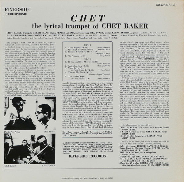 「Chet Baker - Chet (Riverside) 1959」ビル・エヴァンスとの共演盤 - 加持顕のジャズに願いをのせて
