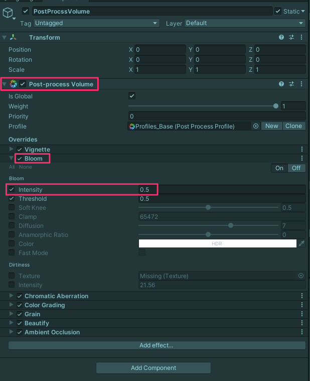 Post Processing Stackの設定値をプログラムから変更する方法【Unity】【ポストプロセス】 - (:3[kanのメモ帳]