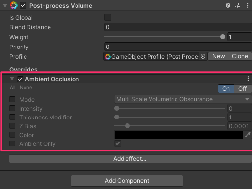 URPでより自然に暗くするエフェクトAO(Ambient Occlusion)を設定する方法【Unity】【URP】【ポストプロセス】 - (:3[kanのメモ帳]