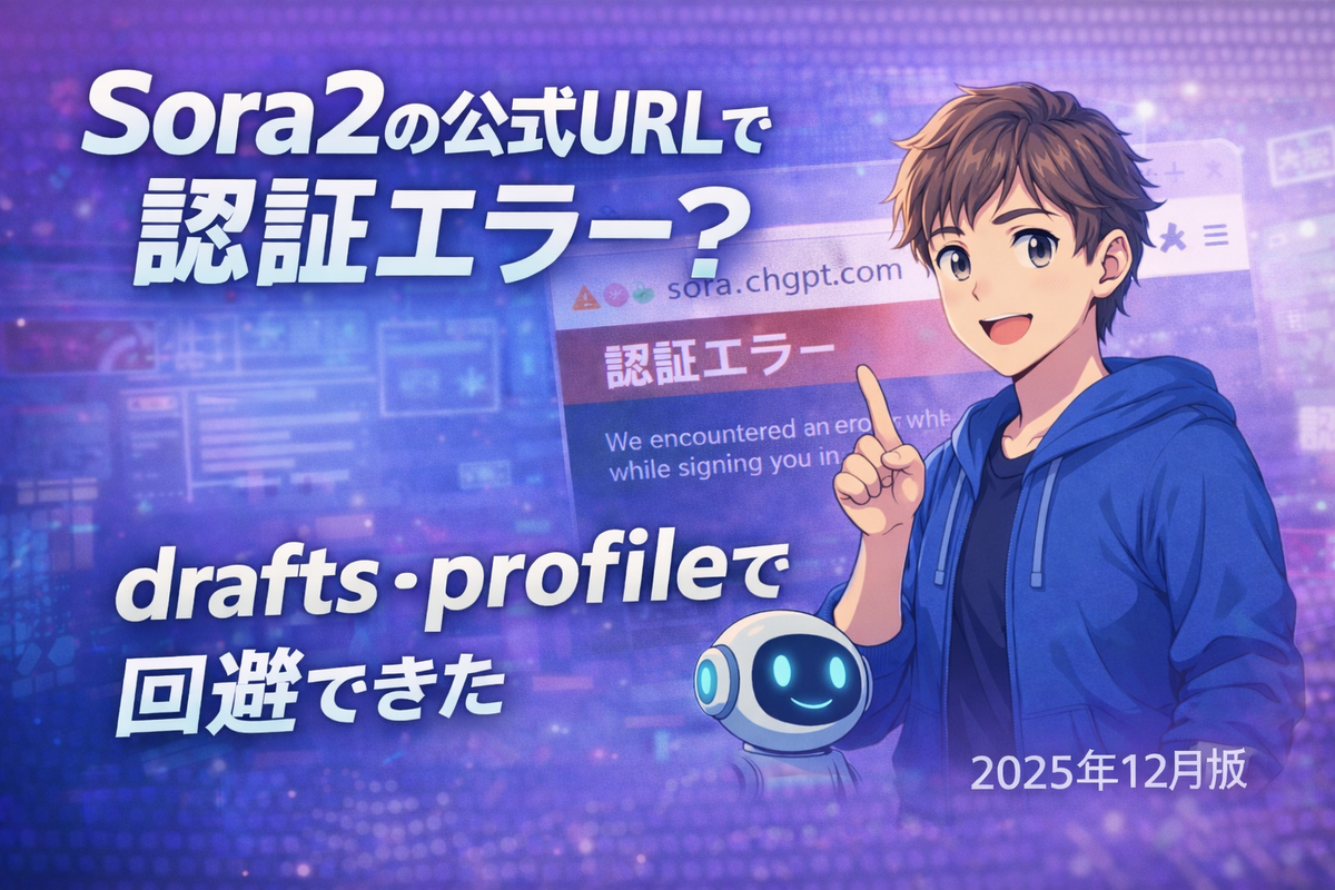 Sora2が公式URLで認証エラーになる原因と回避策【drafts直アクセス】 - 簡単スタートを目指す