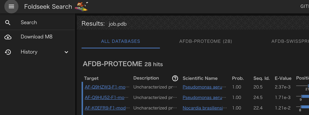 Foldseekを使ってAlphaFold UniProt DBから類似構造タンパク質を探す Foldseek server - macで ...
