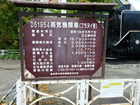 富良野市のSL保存機 D51 954（旧胆振縦貫鉄道 D5105) - 藻岩颪に豊河の流れ。