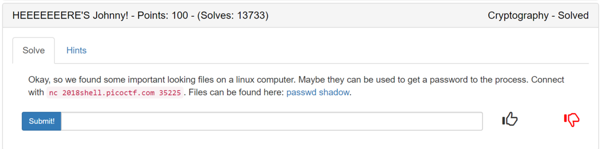 picoCTF 2018 HEEEEEEERE'S Johnny! - Points: 100 - @toRi