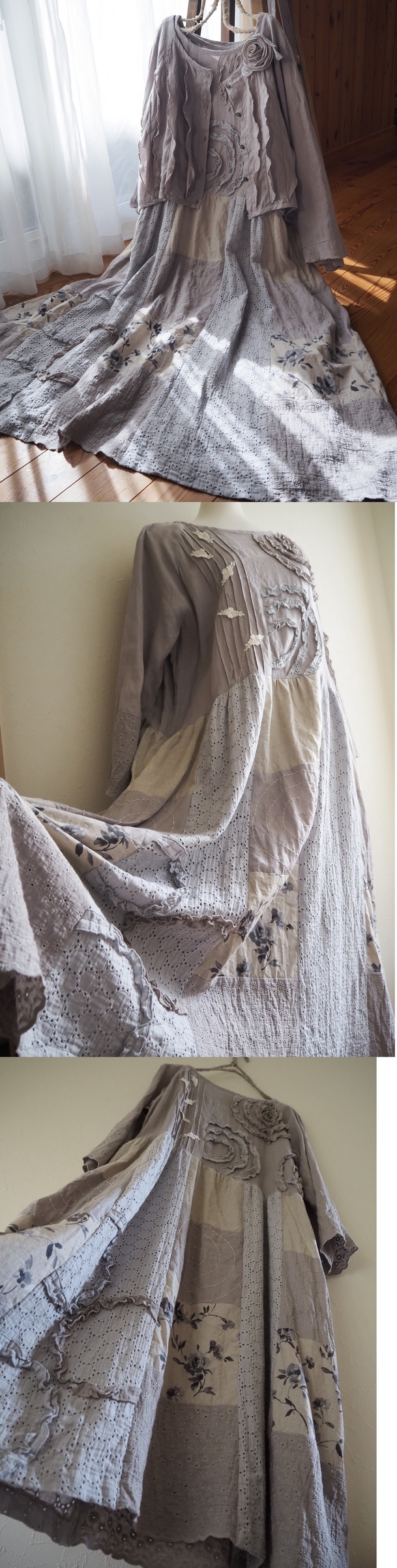 代購代標第一品牌－樂淘letao－ハンドメイド バレイミストリネン。Wガーゼスカラップレース。YUWAプリント::フリル.ハンドステッチ.レース.パッチOP。裏スカート