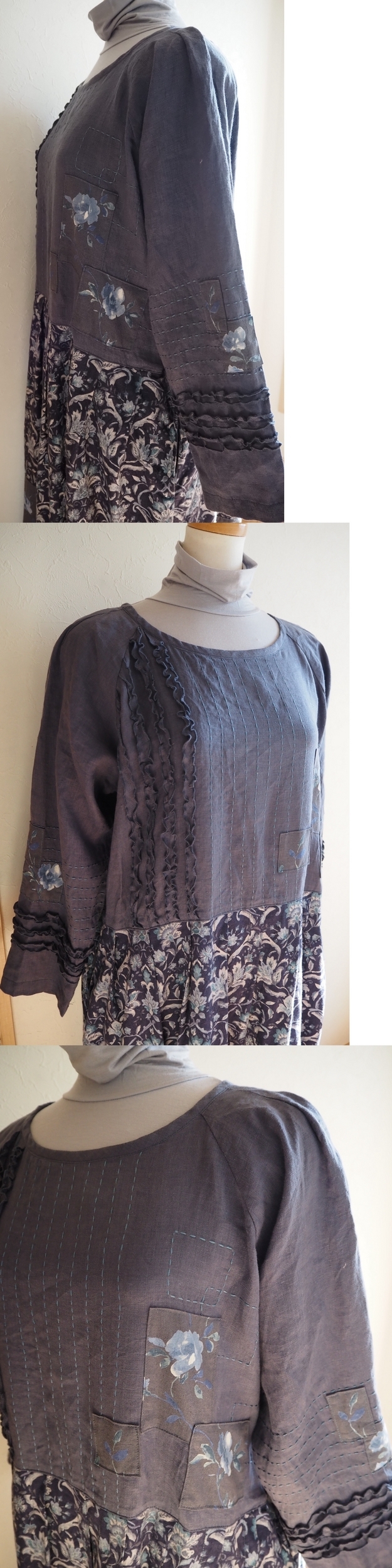 代購代標第一品牌－樂淘letao－ハンドメイド リネン×YUWAコットンリネンプリント二種::フリル。ハンドステッチ。パッチ。タックワンピ。裏地スカート。コサージュ付き