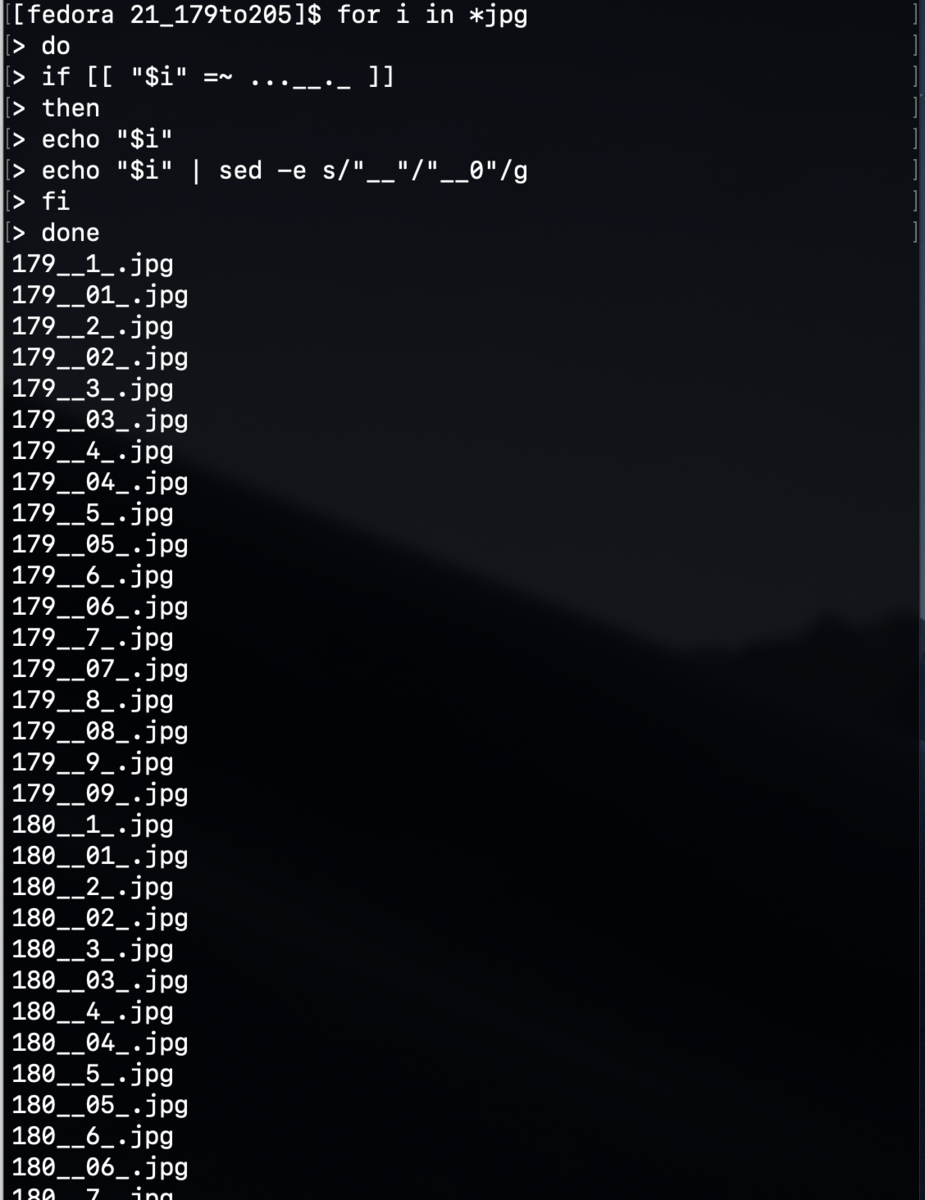 bash で正規表現 for i in *jpg; do if [[ "$i" =~ ...__._ ]]; then echo "$i"; fi; done - min117の日記