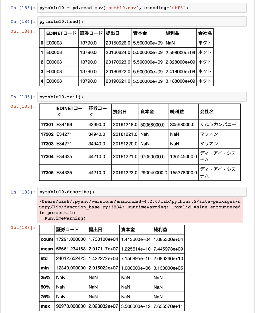 python3 のpandasで「上場企業名,当期利益,自己資本」のカンマ区切りcsvファイルを読み込む - min117の日記