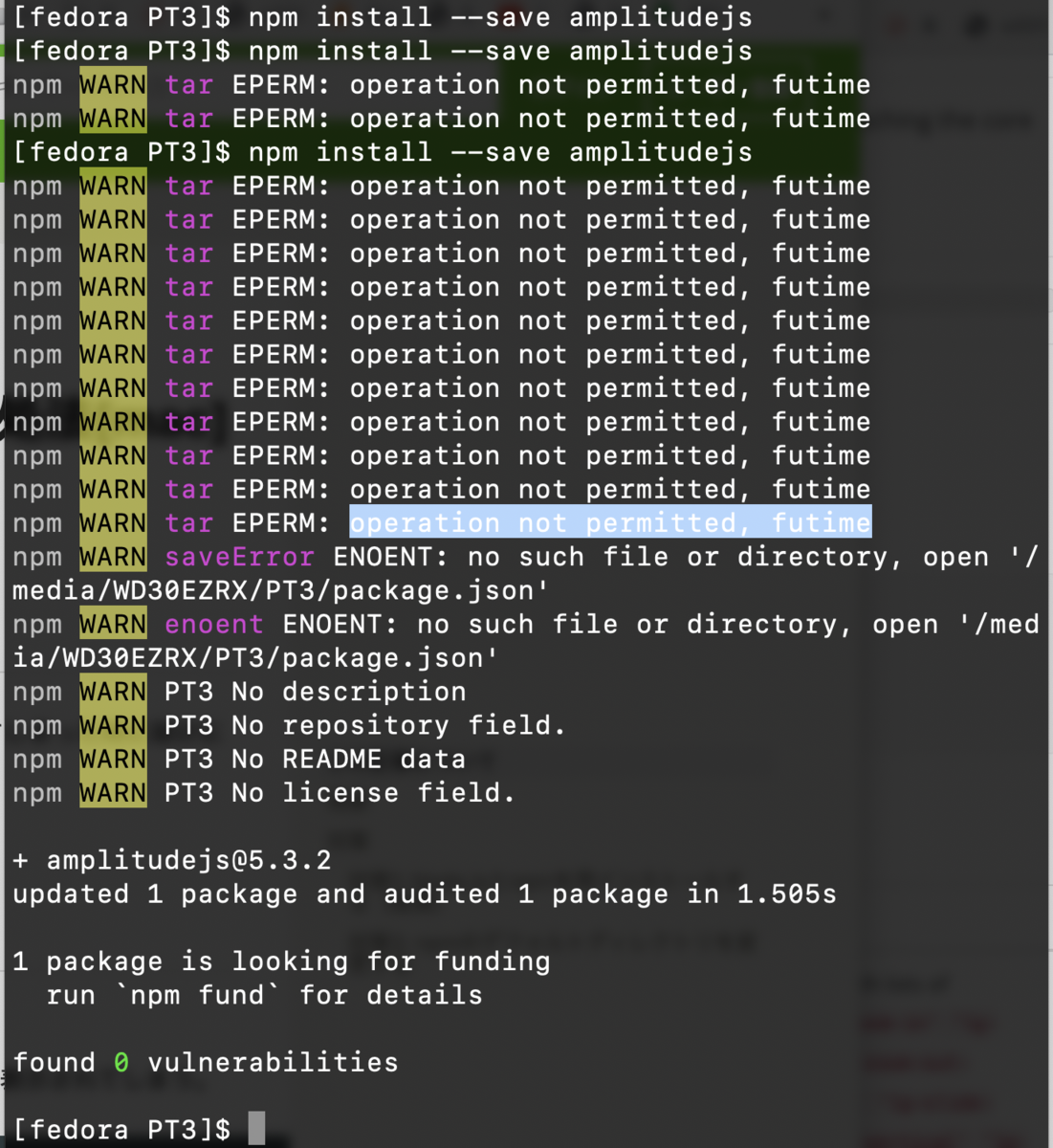 npm install xxx で「operation not permitted, futime」エラーが出た時は fstab に uid ...