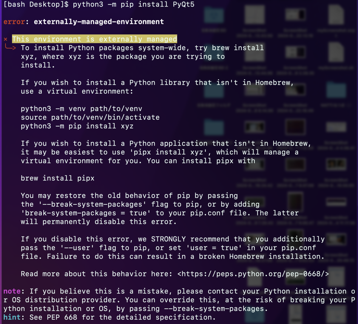 python3 -m pip install で「This environment is externally managed」エラーが出たら --break-system-packages ...