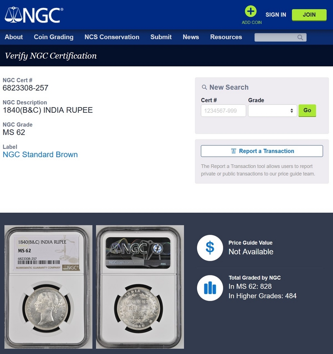 日本代購代標第一品牌【樂淘letao】－1円スタート【高鑑定 美銀貨】1840年英領インド ヴィクトリア ヤングヘッド ルピー銀貨 NGC MS62/イギリス ビクトリア アンティークコイン