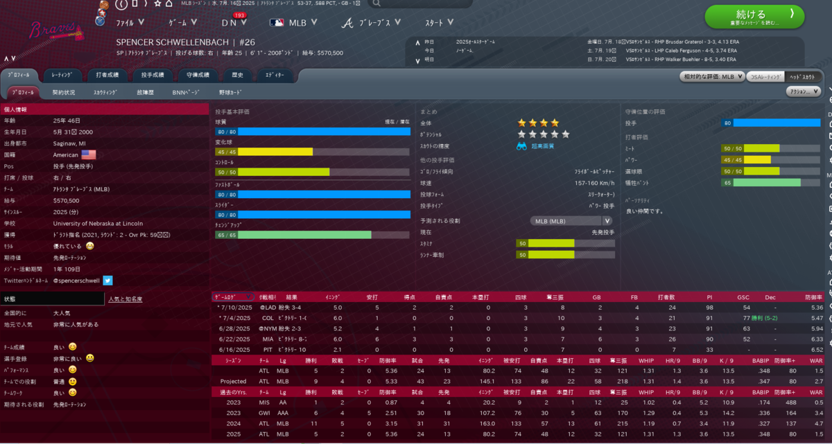 OOTP22 ブレーブス編32～2025シーズン前半戦終了 2年連続リーグ優勝に死角なし - 死ぬまで平凡にいきる