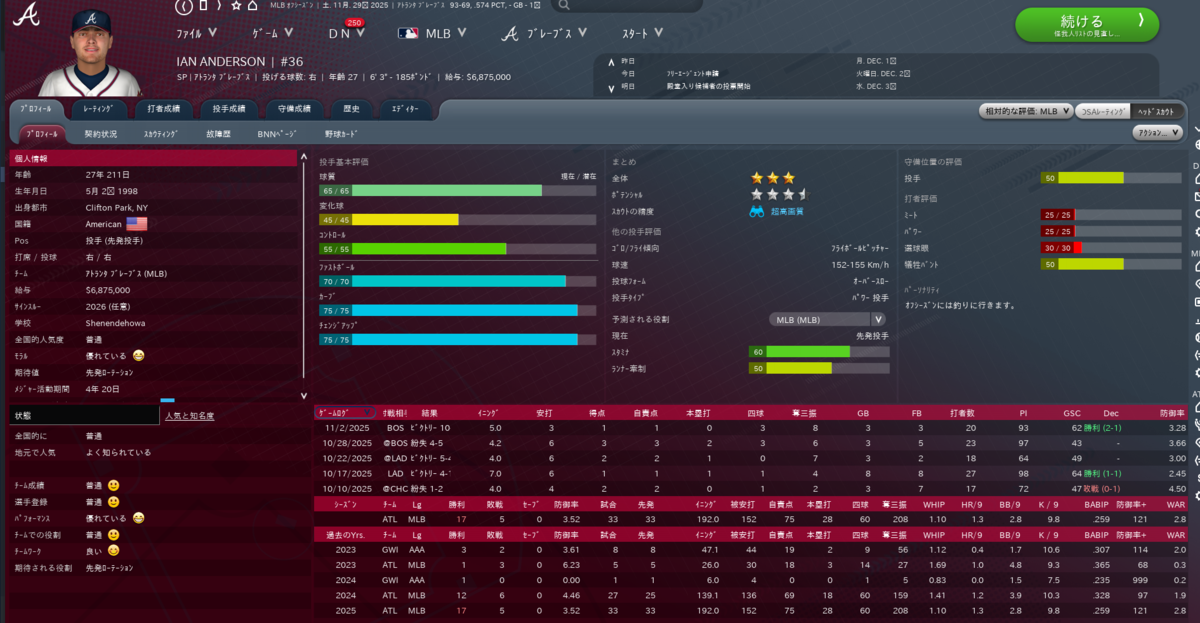 OOTP22 ブレーブス編33～2025シーズン後半戦 ギリギリの戦い - 死ぬまで平凡にいきる