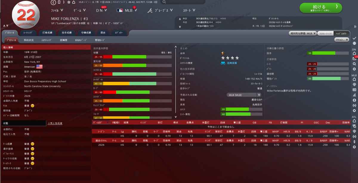OOTP22 ブレーブス編37～2026シーズン新人ドラフト 未来のエース - 死ぬまで平凡にいきる