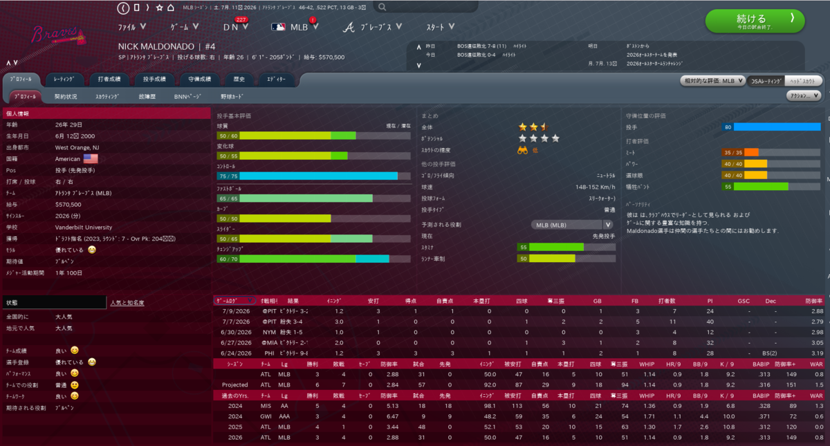 OOTP22 ブレーブス編37～2026シーズン新人ドラフト 未来のエース - 死ぬまで平凡にいきる