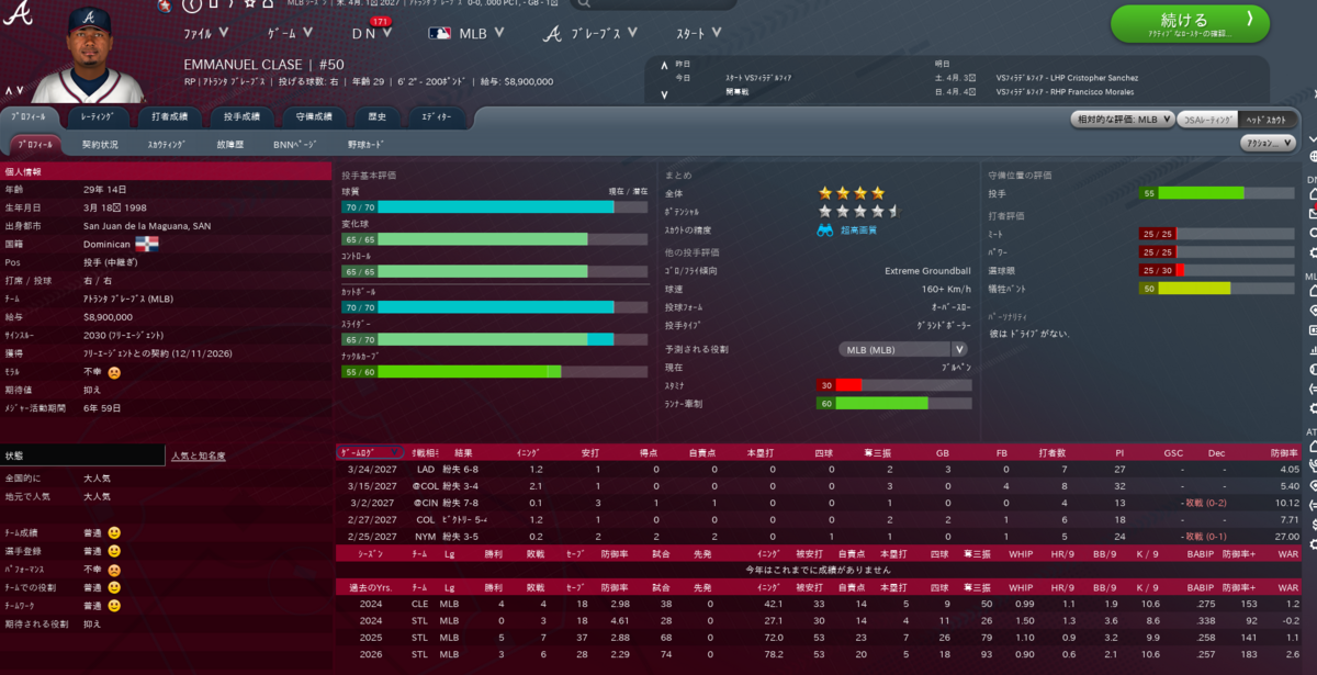 OOTP22 ブレーブス編42～2027シーズン新シーズン開幕 - 死ぬまで平凡にいきる