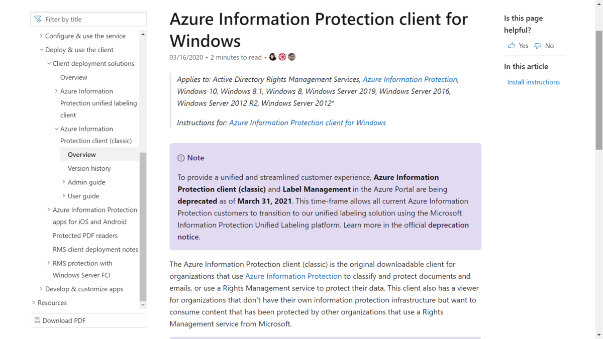 Microsoft 365 Azure Information Protection クライアントのサポート終了時期が明示されていました ...