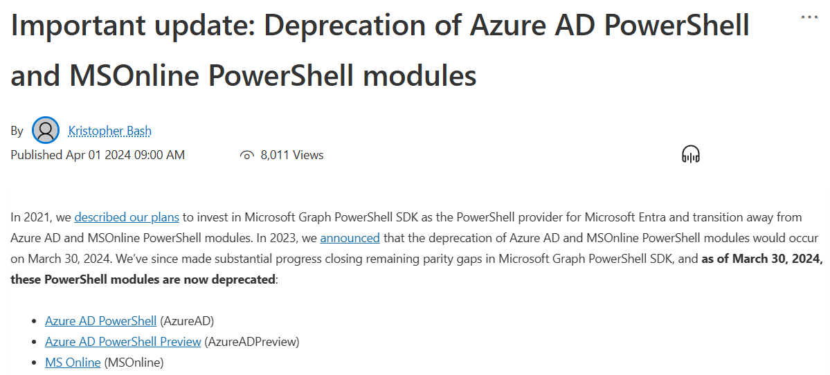 Microsoft 365 MSOnline PowerShell が非推奨へと格下げされています - （）のブログ