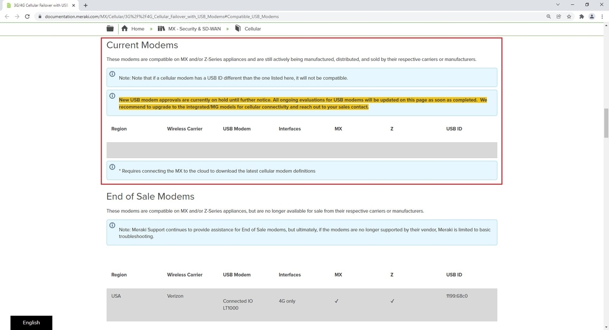 LTE対応Meraki MXモデルのテスト済みキャリアの情報源 - My Home NW Lab