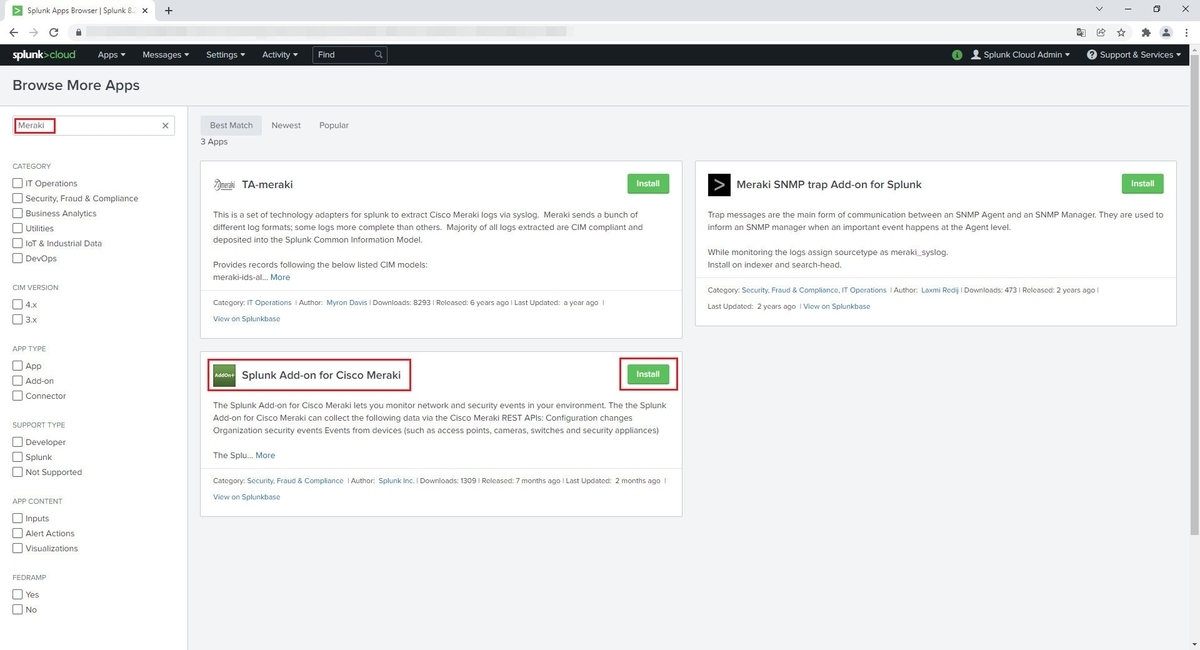 Splunk Enterprise / Splunk Cloud (SIEM製品)のMeraki向けAdd-on - My Home NW Lab