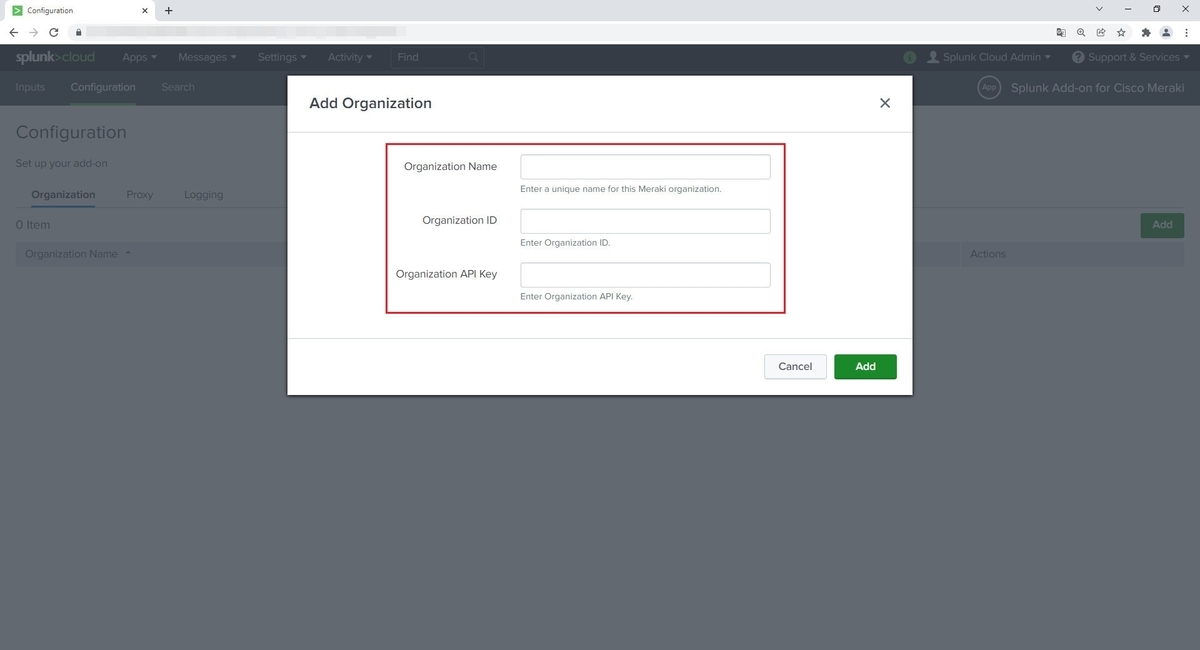 Splunk Enterprise / Splunk Cloud (SIEM製品)のMeraki向けAdd-on - My Home NW Lab