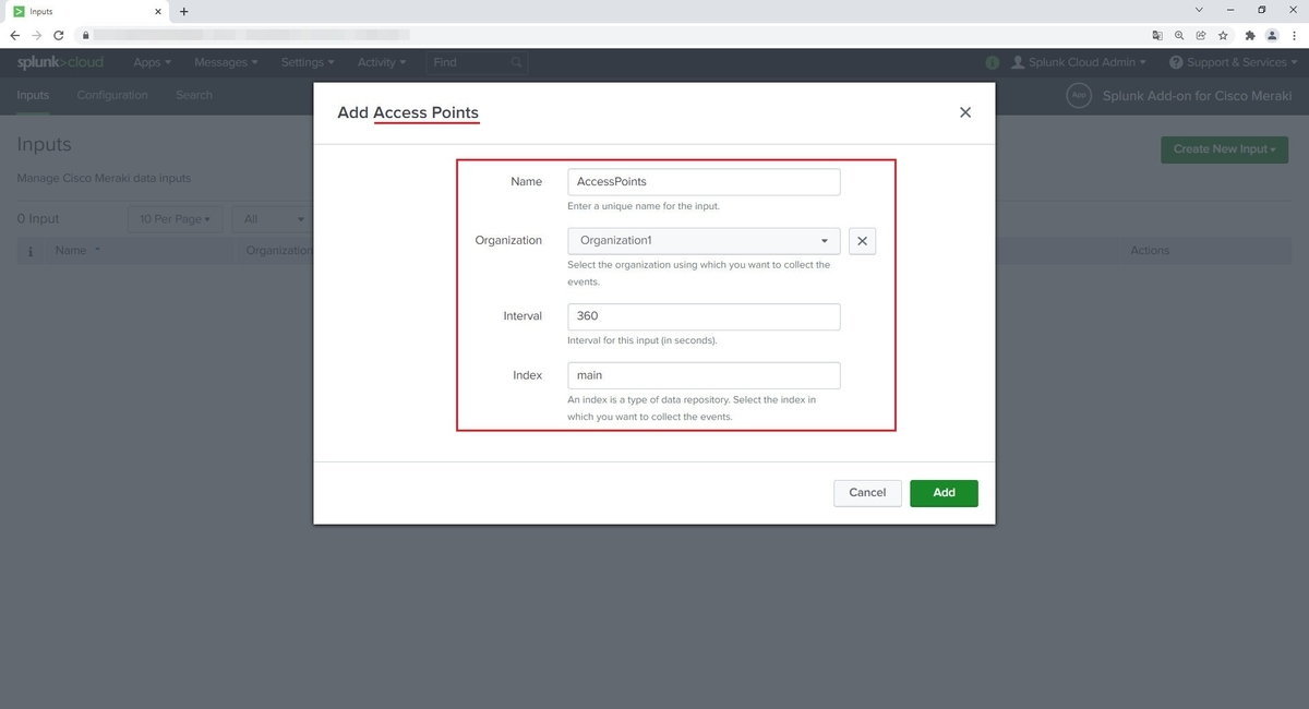 Splunk Enterprise / Splunk Cloud (SIEM製品)のMeraki向けAdd-on - My Home NW Lab