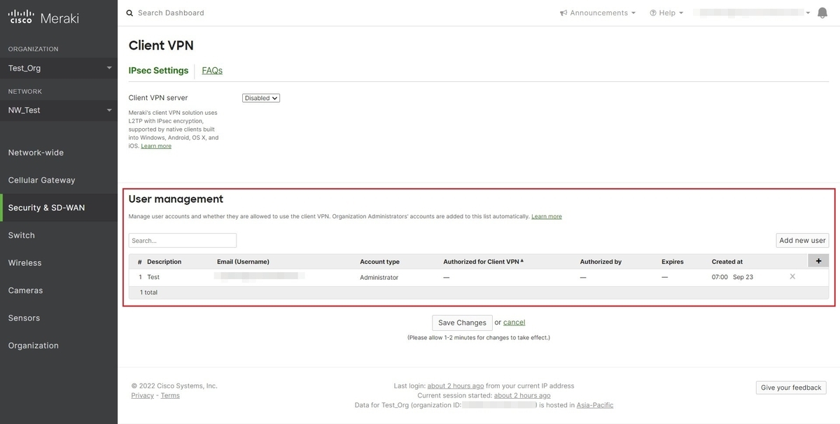Meraki MXにおけるClient VPN (IPsec)のGuest Userの追加や削除は、Client VPN server が ...