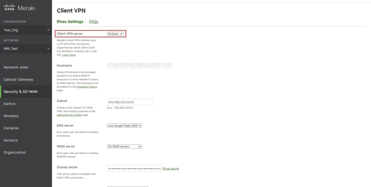 Meraki MXにおけるClient VPN (IPsec)のGuest Userの追加や削除は、Client VPN server が ...