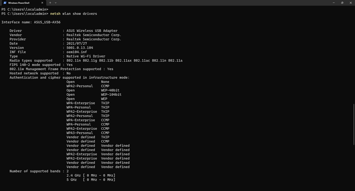 ASUS社製USB-AX56の認証方式の対応状況 (netsh wlan show drivers) - My Home NW Lab