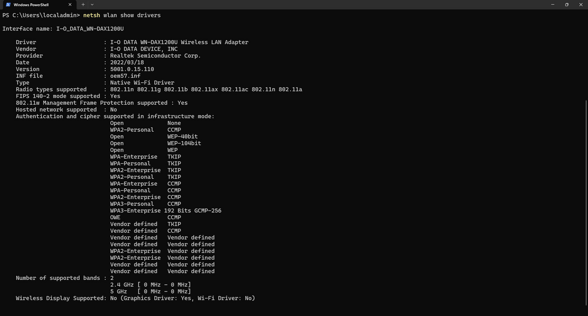 I-O DATA社製WN-DAX1200Uの認証方式の対応状況 (netsh wlan show drivers) - My Home NW Lab