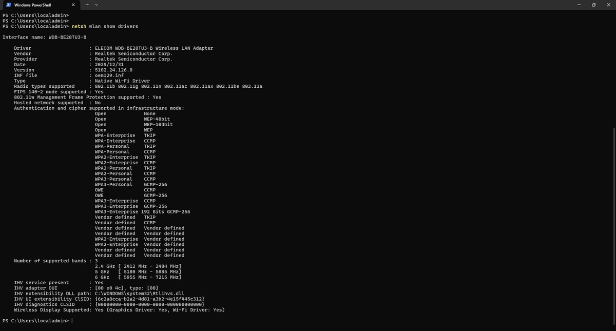 エレコム社製WDB-BE28TU3-Bの認証方式の対応状況 (netsh wlan show drivers) - My Home NW Lab