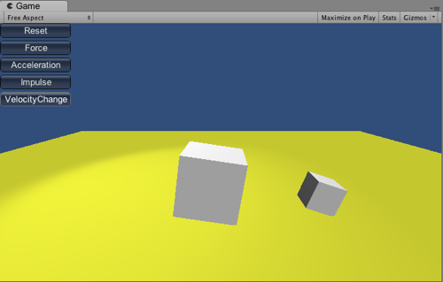 RigidBodyにAddForce()を行った場合のForceModeによる動作の違い - 強火で進め