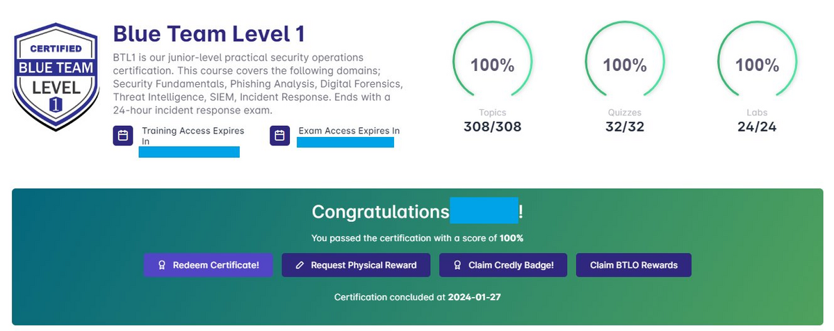 【資格試験】Blue Team Level 1（Junior Security Operations Certification）に合格しました - セキュリティ猫の備忘録
