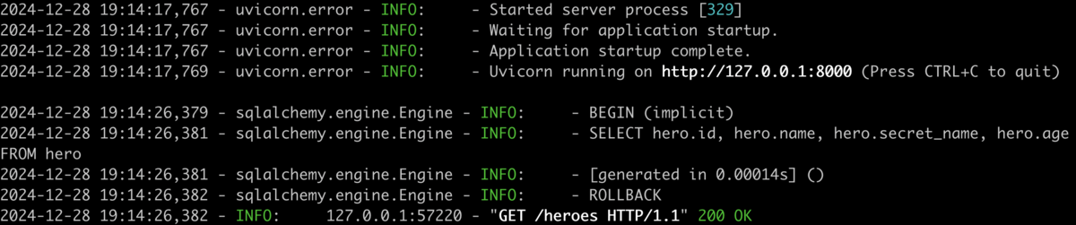 SQLAlchemyでcreate_engine(echo=True)で出しているログをuvicornの色つきフォーマッタで出力したい - nikkie-ftnextの日記