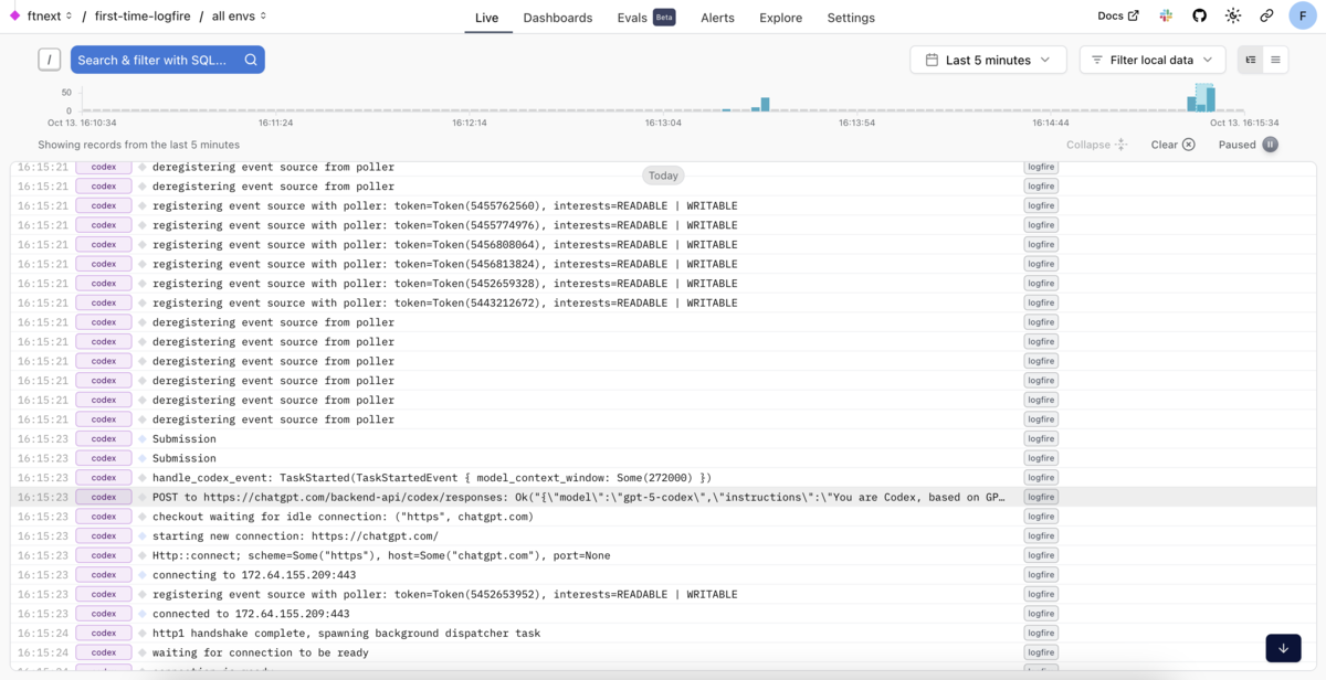 Pydantic 社の動画アーカイブに沿って Logfire Rust SDK を追加し、Codex CLI 動作中の情報を Logfire に記録する - nikkie-ftnextの日記