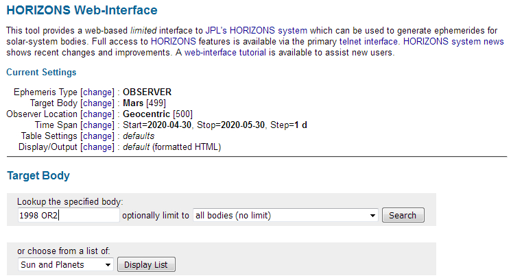 HORIZONS Web-Interface を使ってみよう - nyancotan's diary 天体写真 in Hokkaido