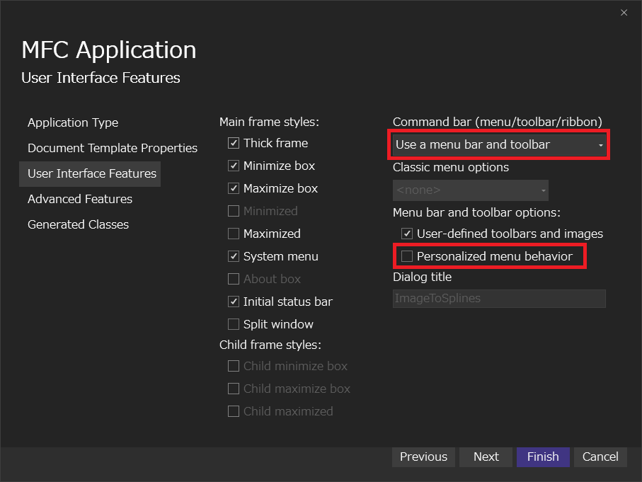 【VS2022】SDI の MFC Application Wizard のおすすめ設定【MFC】 - 機械学習基礎理論独習