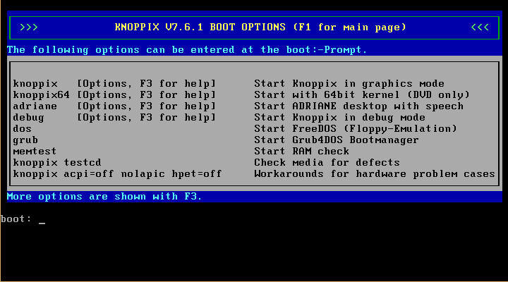 KNOPPIX の Cheat Codes = ブート・オプション (ver. 7.6.1 DVD) - palm84.com