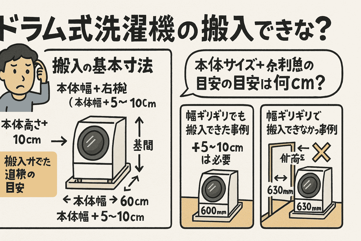 ドラム式洗濯機の搬入が幅ギリギリ…本当に入る？失敗しない寸法チェックと解決策 - note’ no naka