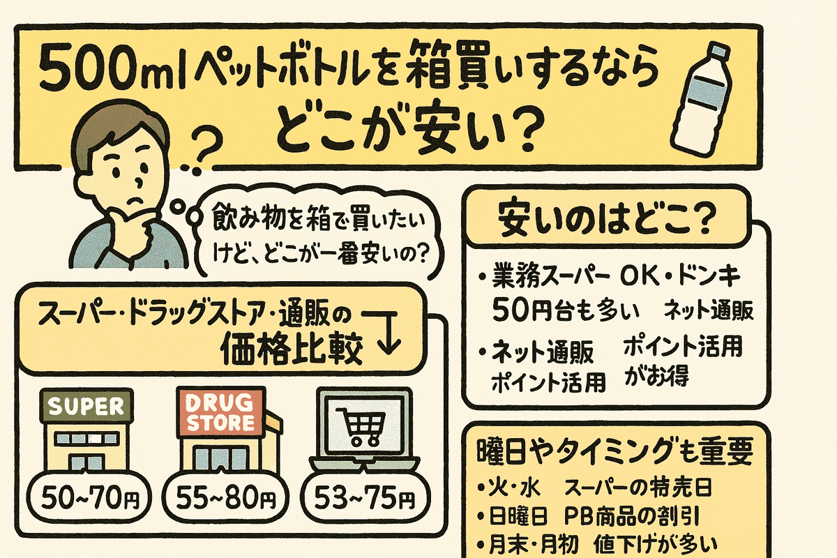 500mlペットボトルが安いスーパーはどこ？箱買いの最強コスパ術を徹底比較 - note’ no naka