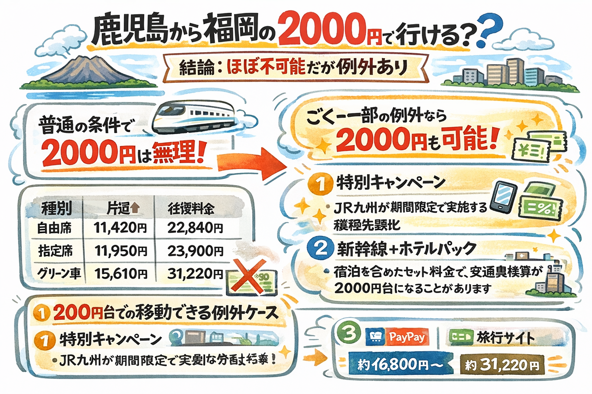 「鹿児島から福岡2000円」は可能？新幹線・バス・パックの最安比較表つき - note’ no naka